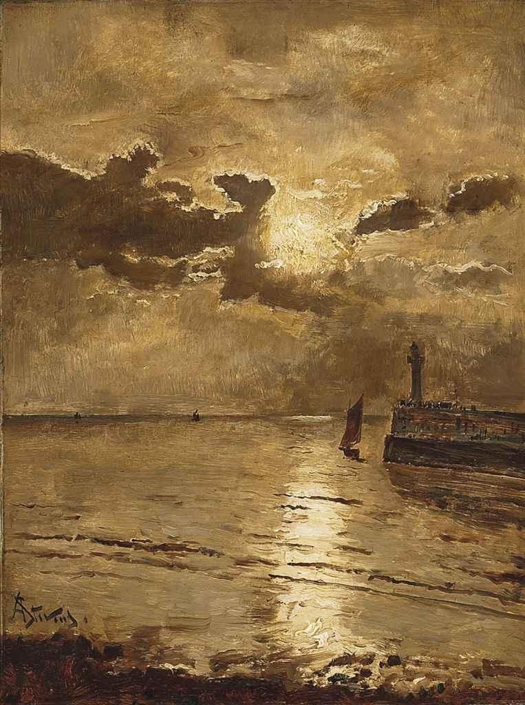 Alfred Stevens | Evening by the harbour wall | MutualArt