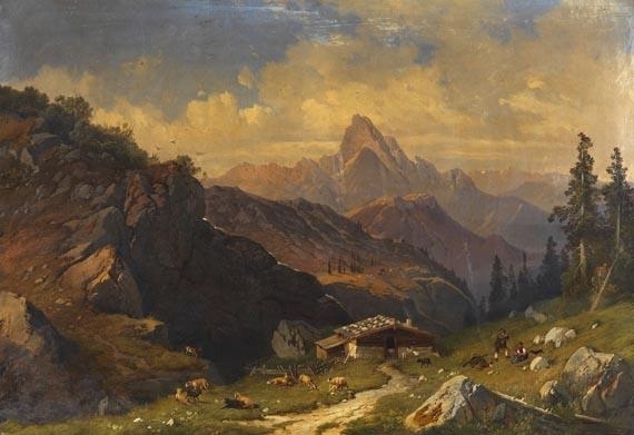 Karl Millner | Hochgebirgslandschaft mit Almhütte und Hirten | MutualArt