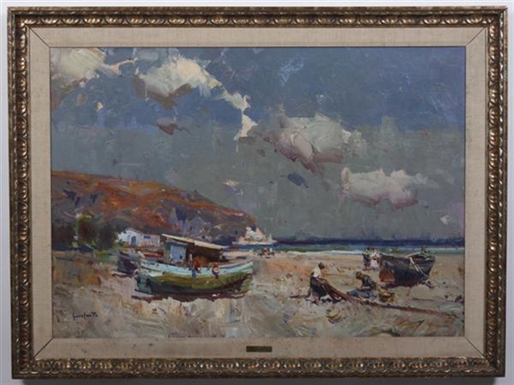 Josep Serra i Santa | Coastal scene with boats and figures | MutualArt