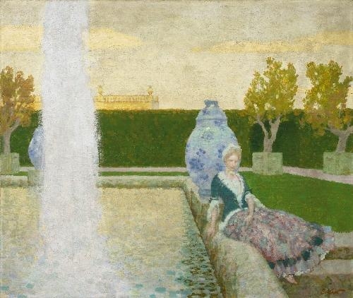Fritz Erler | YOUNG WOMAN IN A PARK WITH LARGE FOUNTAIN | MutualArt