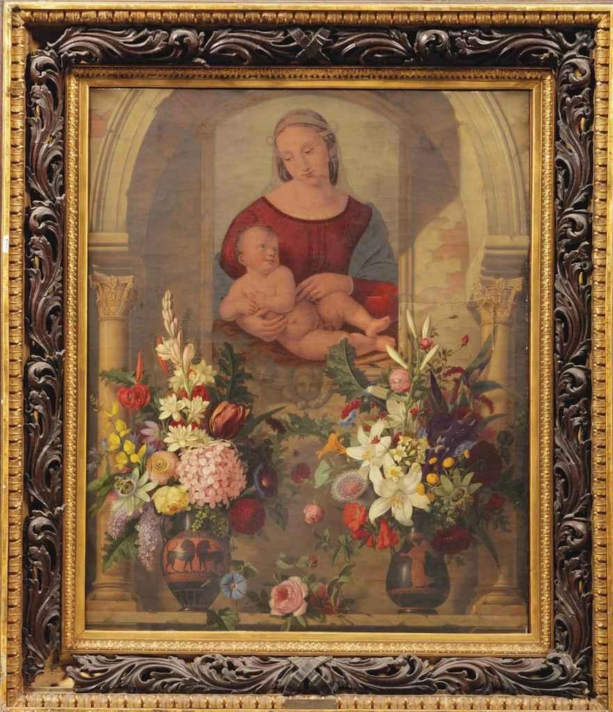 Adolf Carl Senff | An altar with two bouquets in ancient greek vases ...