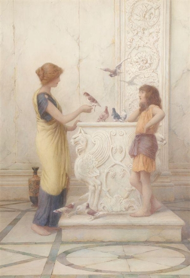 Henry Ryland | Girls by a wellhead with birds | MutualArt