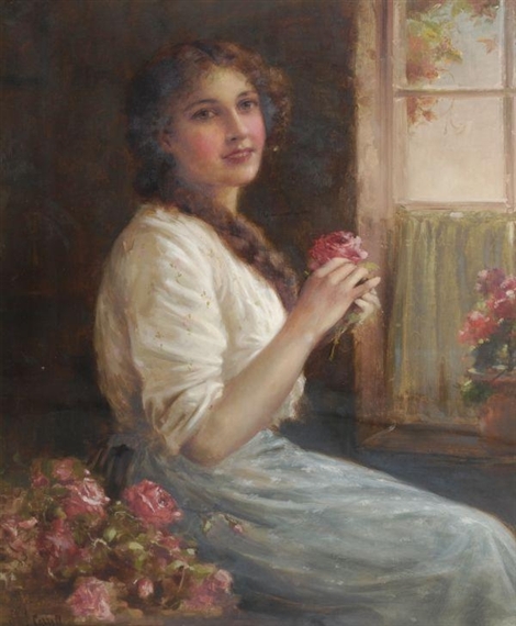 William Joseph Carroll | Portrait of a girl with red roses | MutualArt