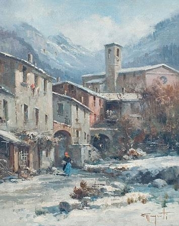 Ercole Magrotti | Tuscan landscape with village & figure beside a river ...