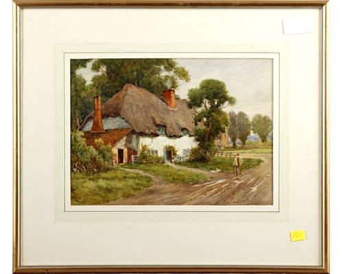 George Frederick Hughes | Figure on a track before a thatched cottage ...