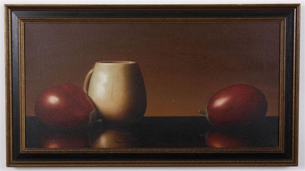 Al Jackson | Still life depicting white pitcher and two purple ...