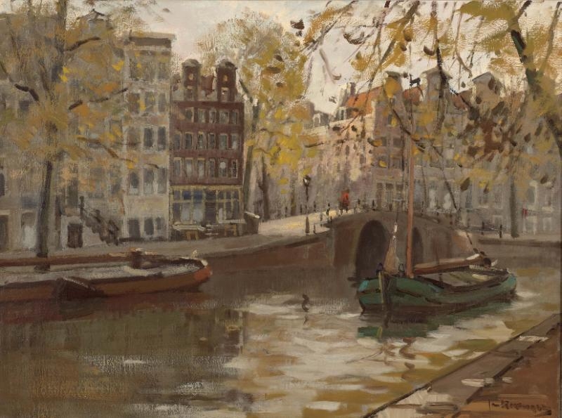Johannes Korthals | Amsterdam Canal Scene with Boats | MutualArt