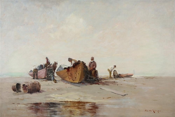 Edward A. Page | Fishermen Repair Nets on Beached Dories | MutualArt