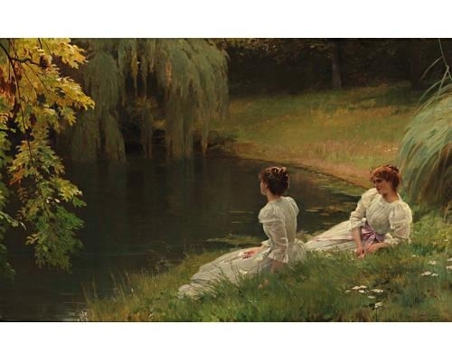 Louis-Emile Adan | Elegant ladies at rest beside a pond | MutualArt