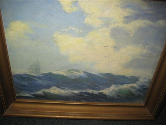 Charles Edward Hallberg | Seascape with sailing ship on far left ...