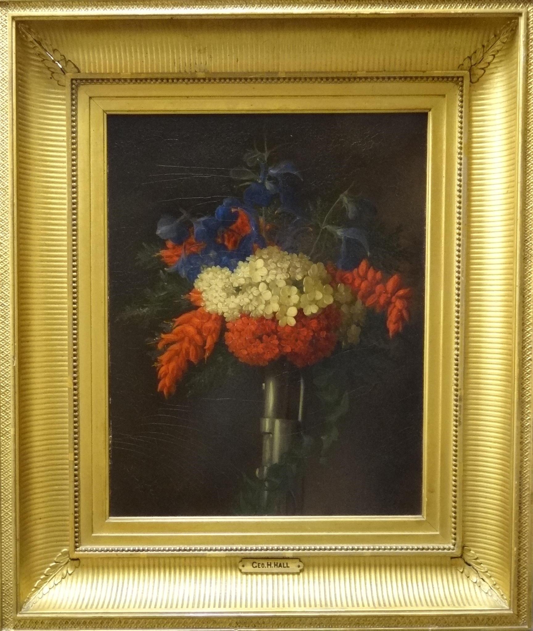 George Henry Hall | Still life of Red, White & Blue flowers in the ...