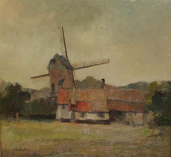 Prosper Bosteels | Farmhouse with windmill in landscape | MutualArt