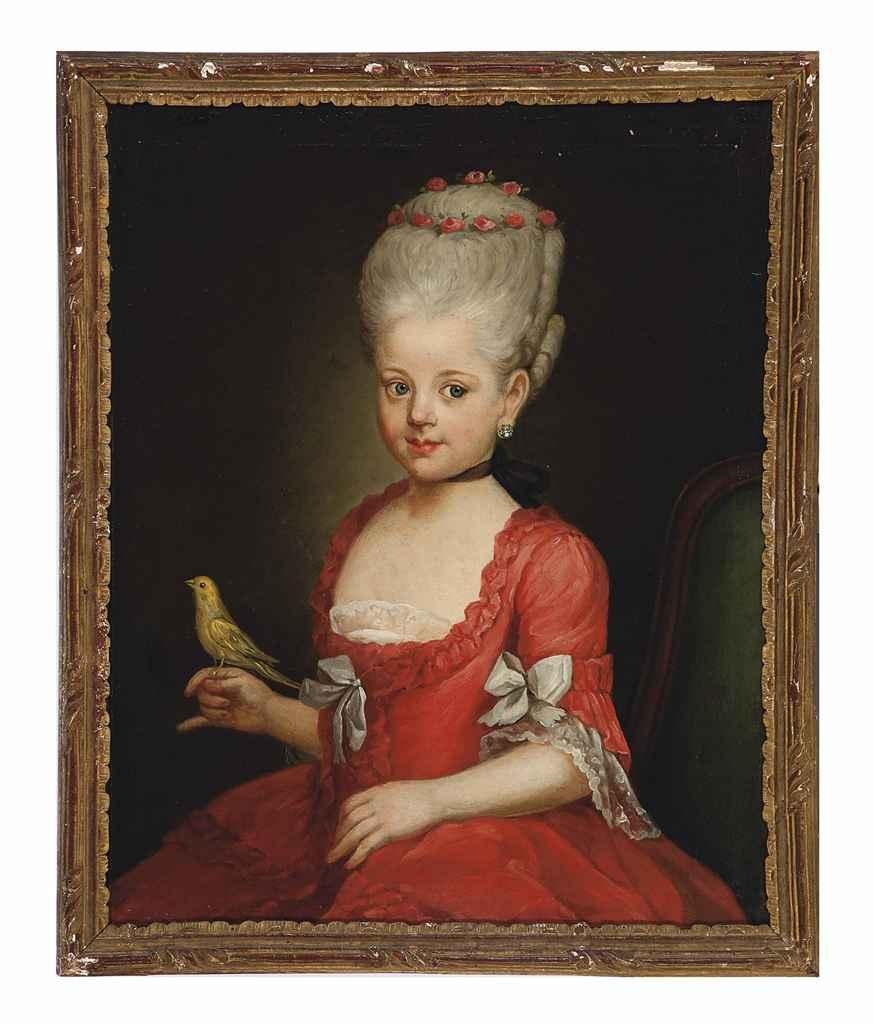 Antoine Pesne | Portrait of a girl wearing a red dress holding a yellow ...