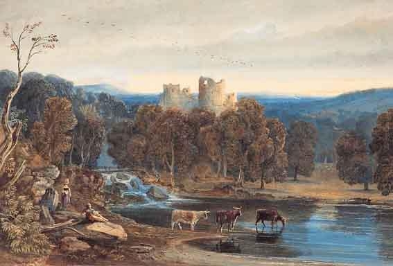 George Barret Jr. | FIGURES AND CATTLE BY A RIVER WITH CASTLE RUINS ...