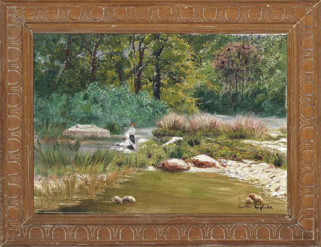 Gaston Anglade | 2 Works: Paysage de la Creuse et Fougre; Washerwomen ...