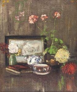 James Kay | STILL LIFE WITH GERANIUMS AND TEA SET | MutualArt