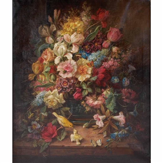 Hans Zatzka | Still Life with Spring Flowers, Two Birds and Butterflies ...