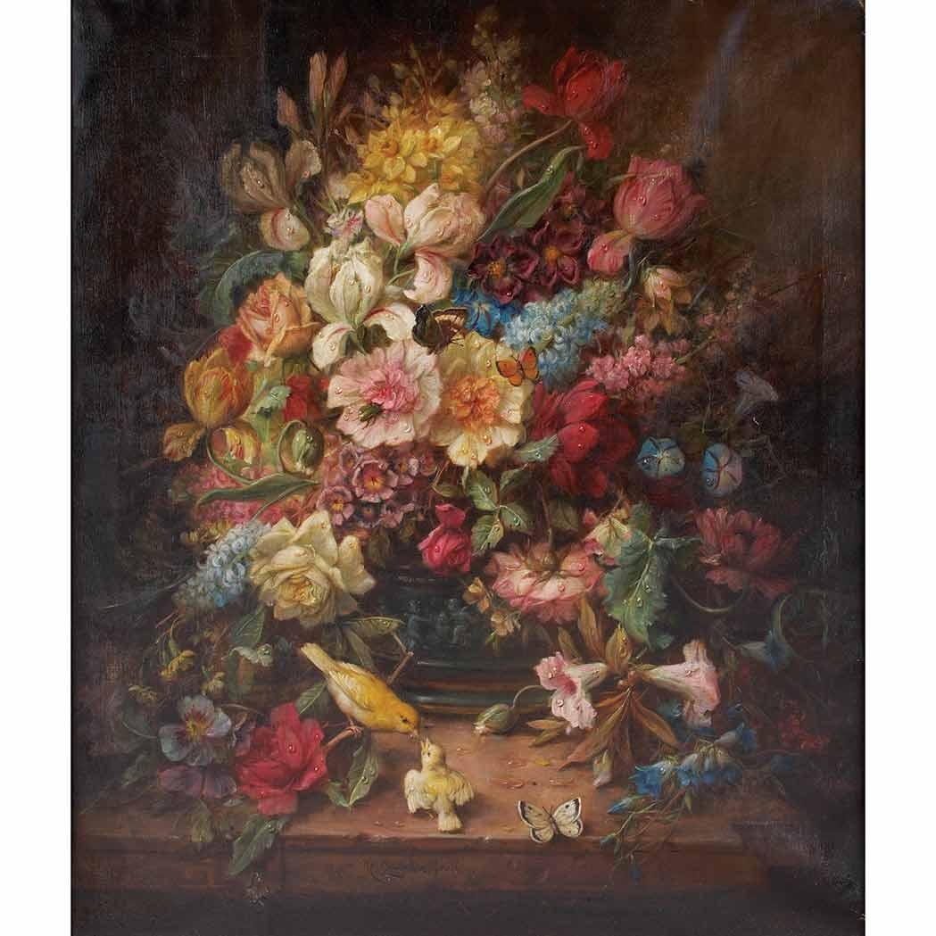 Hans Zatzka | Still Life with Spring Flowers, Two Birds and Butterflies ...