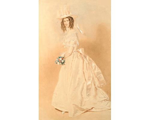 Alfred Chalon | Portrait of a seated lady wearing brown trimmed blue ...