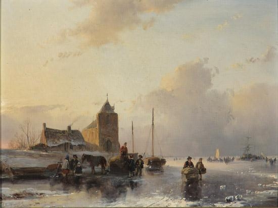 Andreas Schelfhout | Panoramic landscape with figures and cattle near ...
