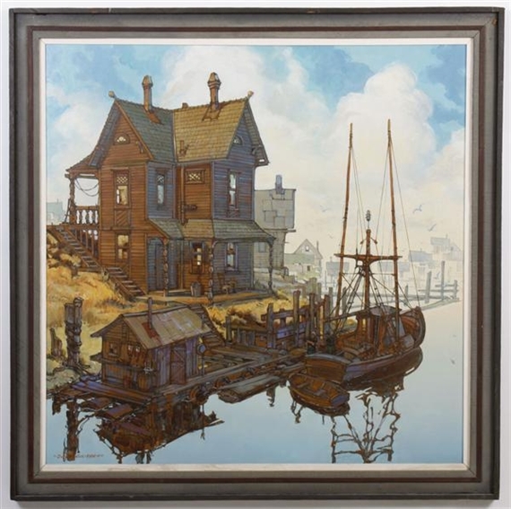 David Waller | Harbor scene with boats and house (1982) | MutualArt