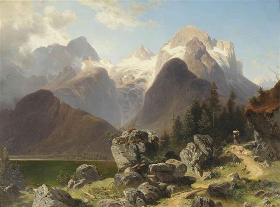 Josef Holzer | A Woman on a Pathway in an Alpine Landscape | MutualArt