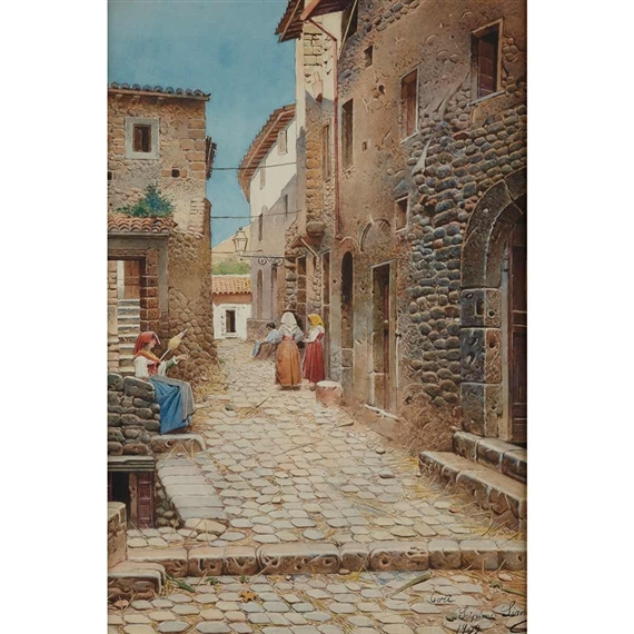 Scipione Simoni | Woman on Cobblestone Street, Italy (1902) | MutualArt