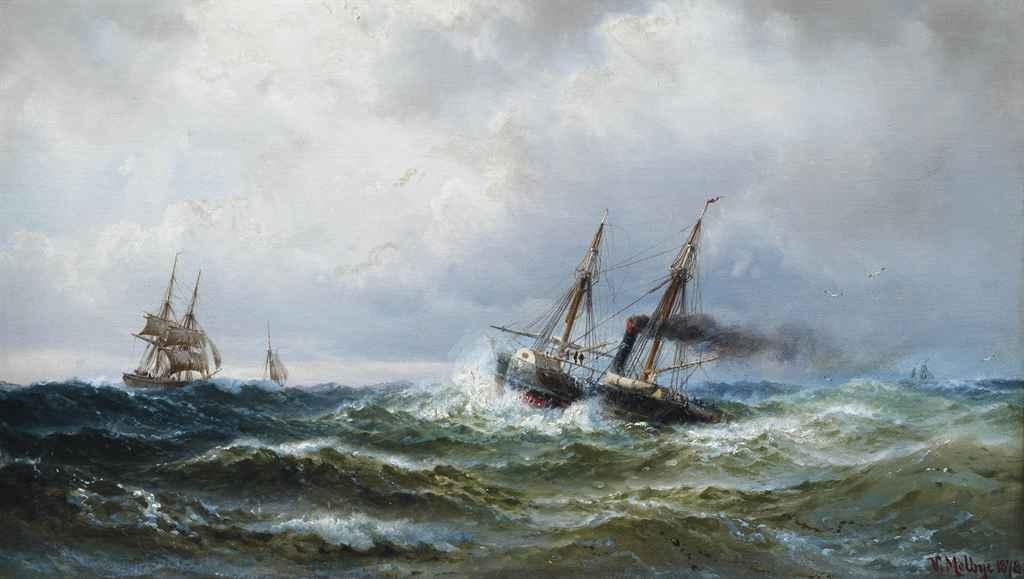 Vilhelm Melbye | A paddlesteamer and other shipping in a heavy swell ...