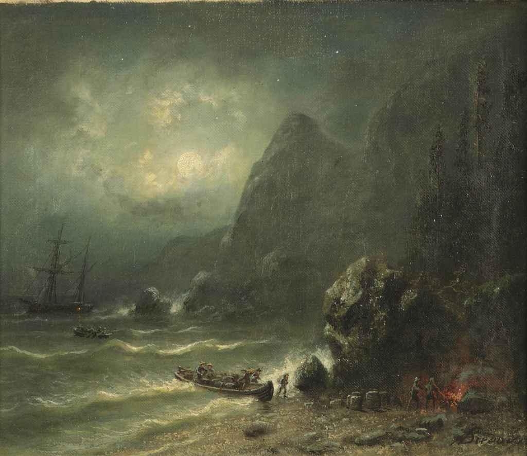 Albert Bredow | Unloading a ship on a seashore by moonlight | MutualArt