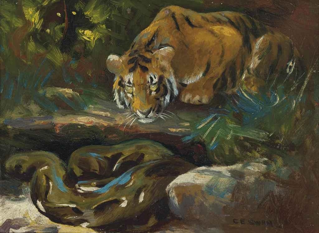 Cuthbert Edmund Swan | Tiger cub and Python | MutualArt