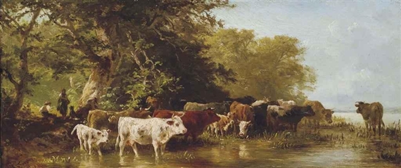 Constant Troyon | Troupeau de vaches s'abreuvant | MutualArt