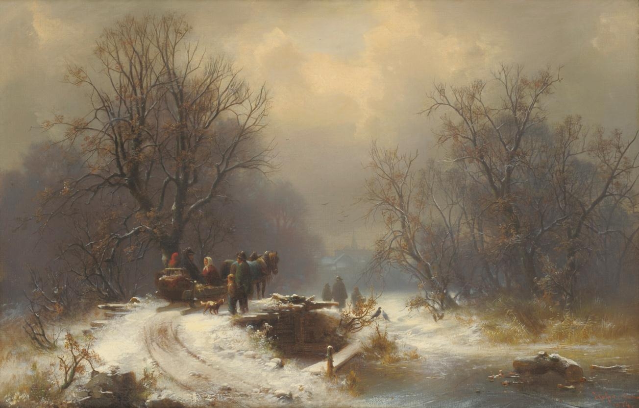 Heinrich Hofer | Loggers on a frozen waterway (1873) | MutualArt