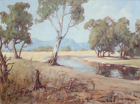 Hugh Stevenson | Landscape with blue gums beside a river | MutualArt