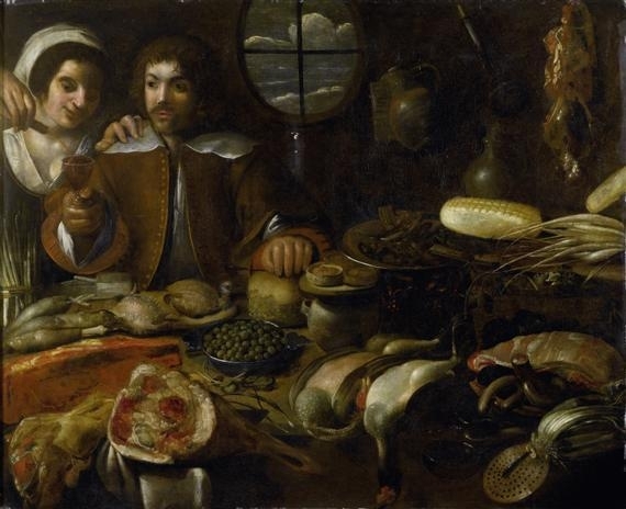 Francisco Barrera | Large still life with a peasant couple in a kitchen ...