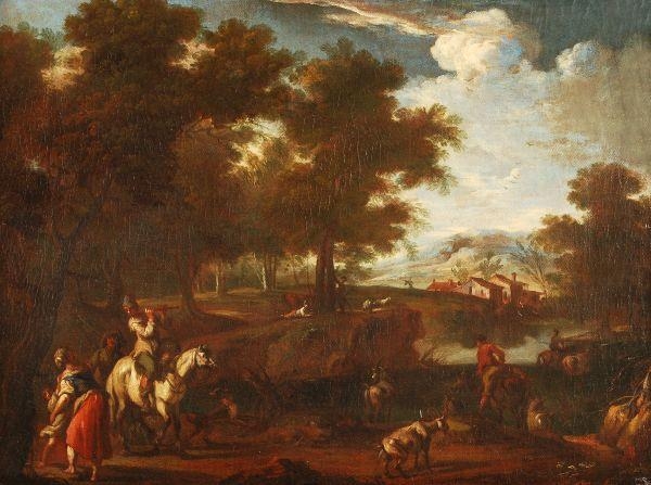 Paolo Monaldi | A Wooded River Landscape with Drovers and a Town Beyond ...