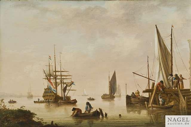 Isaac Sailmaker | Coastal landscape with sailing-ships at evening light ...