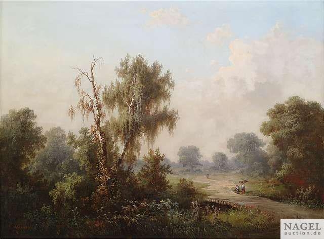 Guido Hampe | Summery landscape with wood collectors (1868) | MutualArt