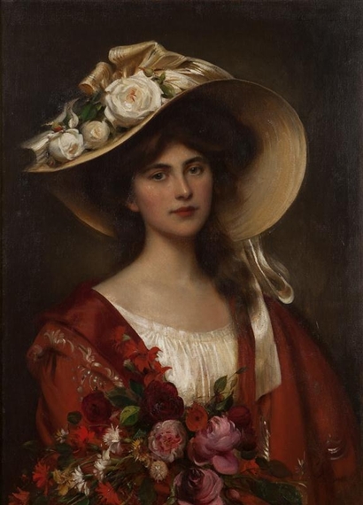 Albert Lynch | Portrait of a young woman in a hat holding a bouquet of ...
