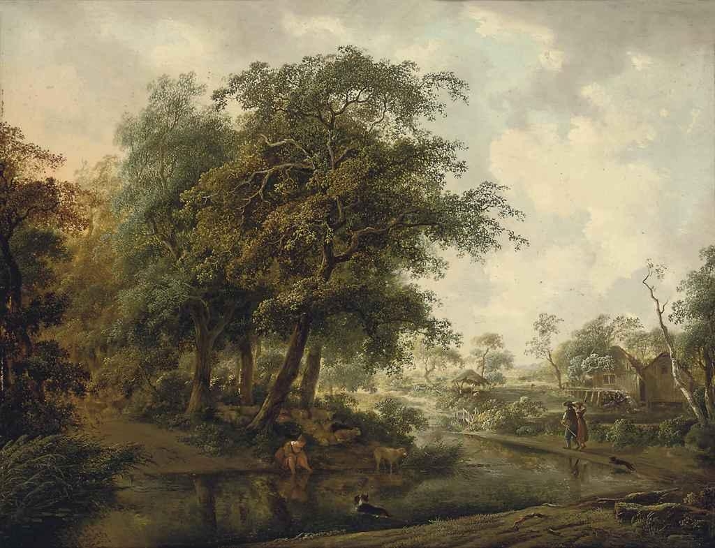 Philip Reinagle | A wooded river landscape with travellers on a track ...