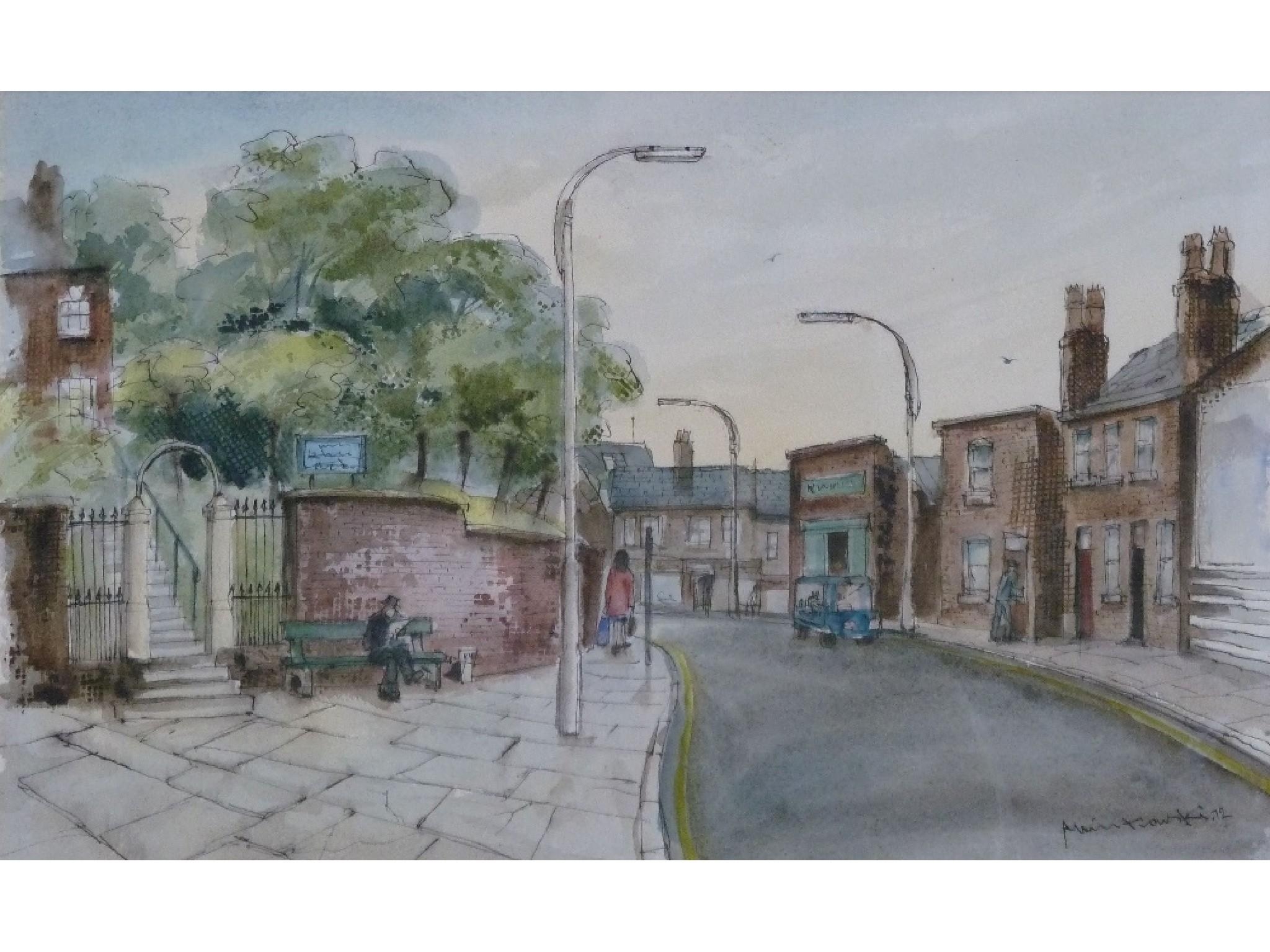 Albin Trowski | Street scene with figures and milk float (1972) | MutualArt