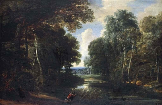Jacques D'Arthois | A wooded river landscape with a hunter on a path ...