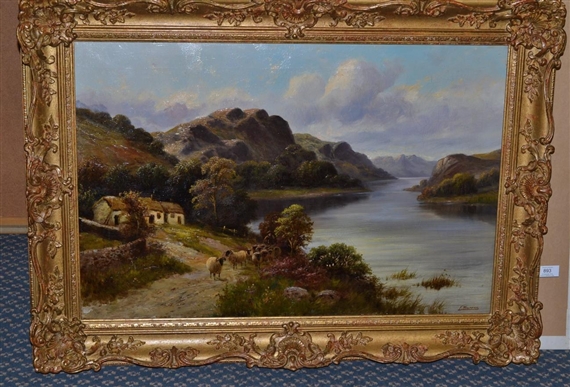 Walters F. | Highland landscape with a drover and sheep on a path ...
