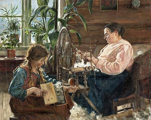 Niels Gustav Wentzel | Interior with spinning woman and karding girl ...