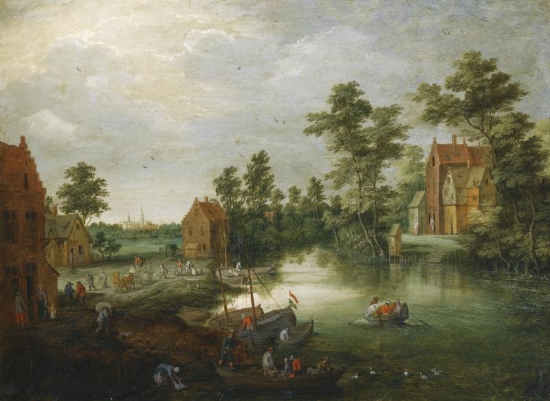 Pieter Gysels | A RIVER LANDSCAPE WITH FIGURES UNLOADING THEIR BOATS ...