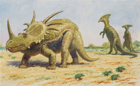 Charles R. Knight | Styracosaurus and Parasaurolohus (1939) | MutualArt