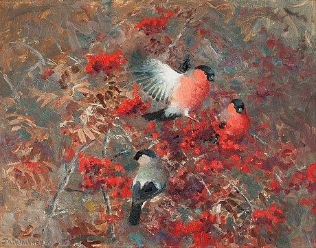 Thure Wallner | Bullfinches in a rowan tree | MutualArt