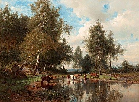 Edvard Bergh | Riverlandscape with figures (1858) | MutualArt