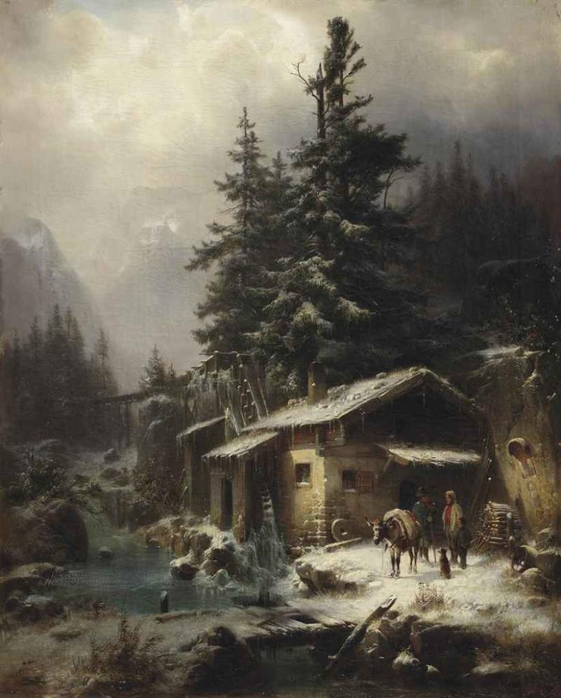 Heinrich Hofer | Loggers on a frozen waterway (1873) | MutualArt