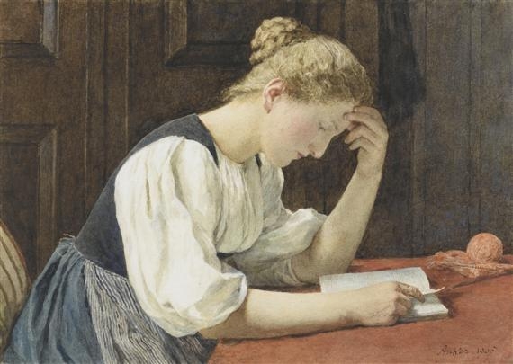 Albert Anker | Young woman reading at a table (1905) | MutualArt