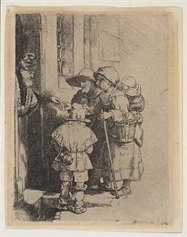 Rembrandt van Rijn | BEGGARS RECEIVING ALMS AT A DOOR (1648) | MutualArt